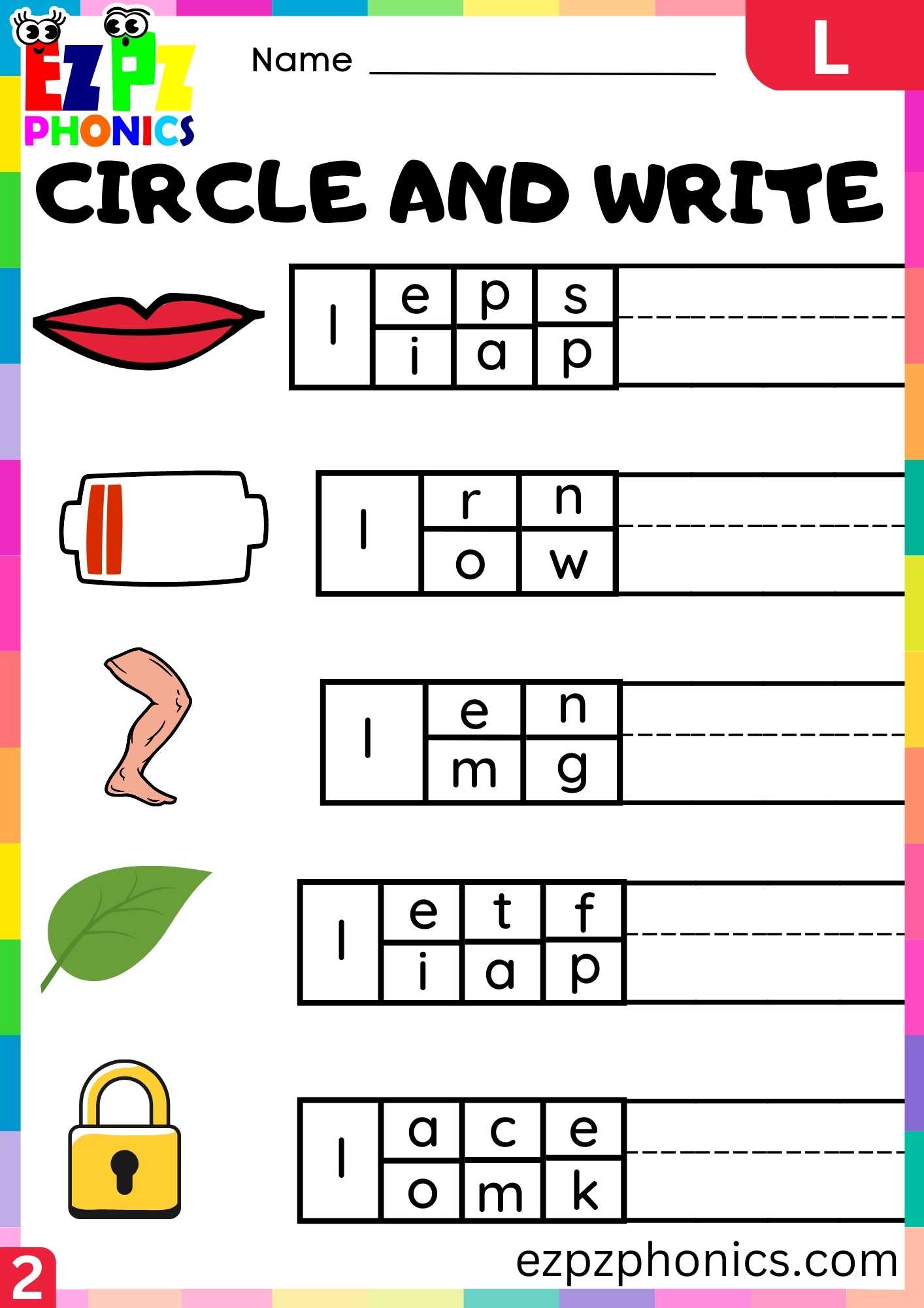 Group2 Letter L Circle And Write Beginning Sounds Worksheet - ezpzphonics.com